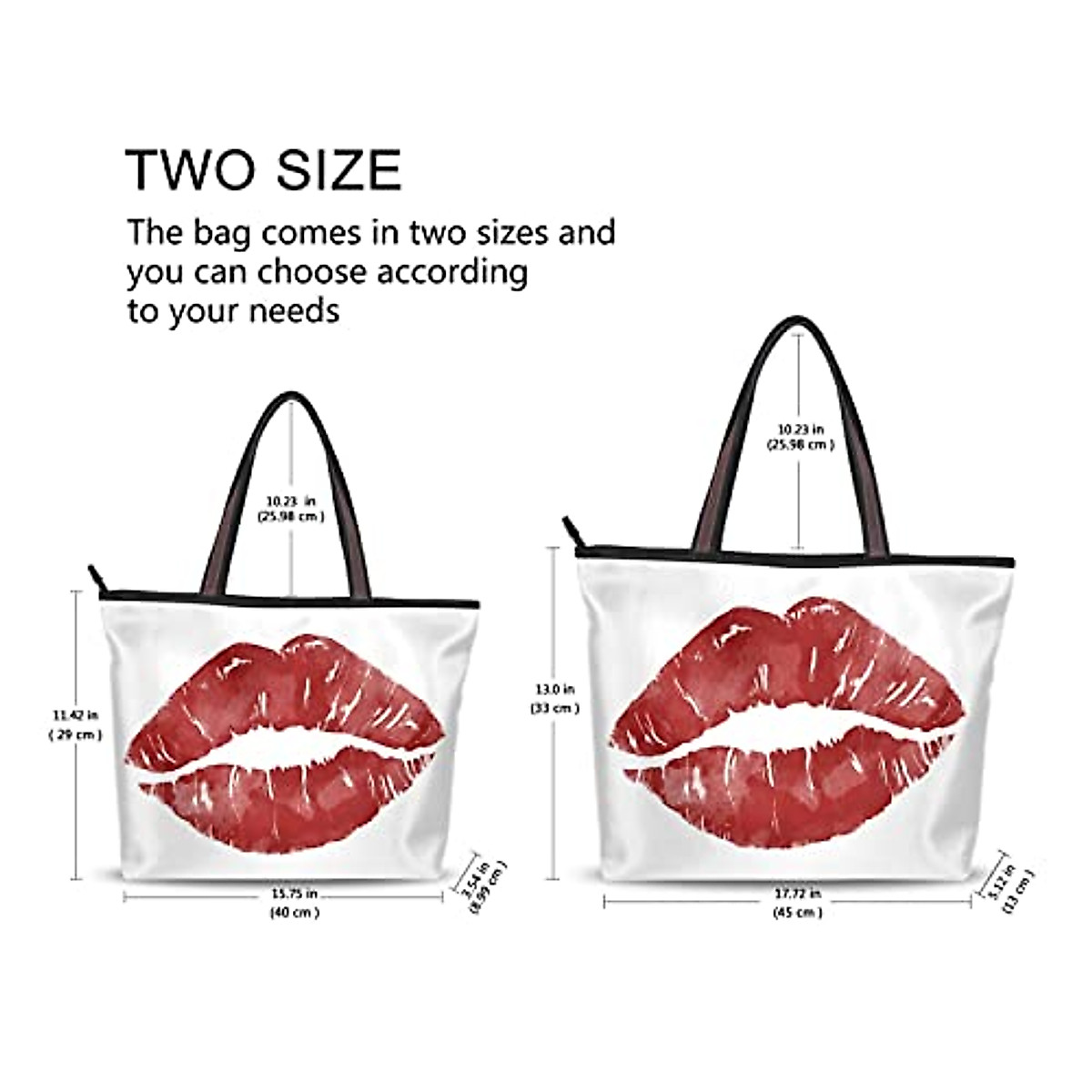 Tote Bag Pinup Style Lip Print, Large Capacity Zipper Women Grocery Bags Purse for Daily Life 2 Sizes