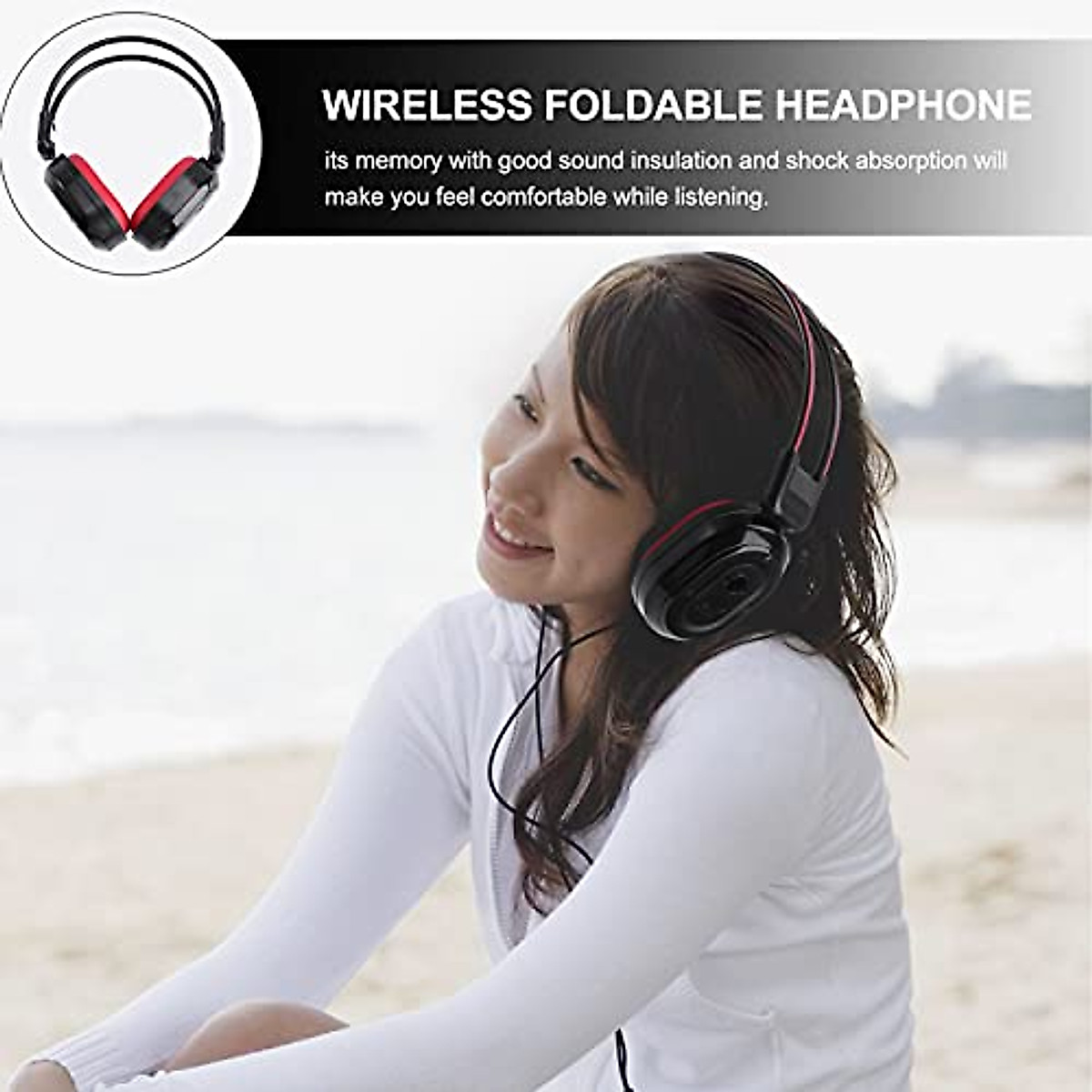 Lurrose Foldable Wireless Headphone Portable FM Stereo Headset Radio Headphones for Mowing, Jogging, Walking, Daily Works (Black Red)