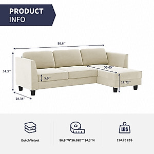 ZAFLY 87" Convertiable L Shaped Sofa Couch with Revisiable Chaise, Upholstered 3 Seat Sofa with Bbreathable Velvet Fabric for Living Room, Sectional Sofas -Beige
