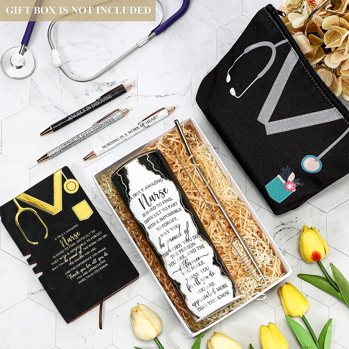 Domensi 6 Pcs Nurse Week Appreciation Gifts for Women Medical Nursing Assistant 20 oz Marble Sign Tumbler Makeup Bag Notepad with Ballpoint Pen for Graduation Nursing Student(Black)