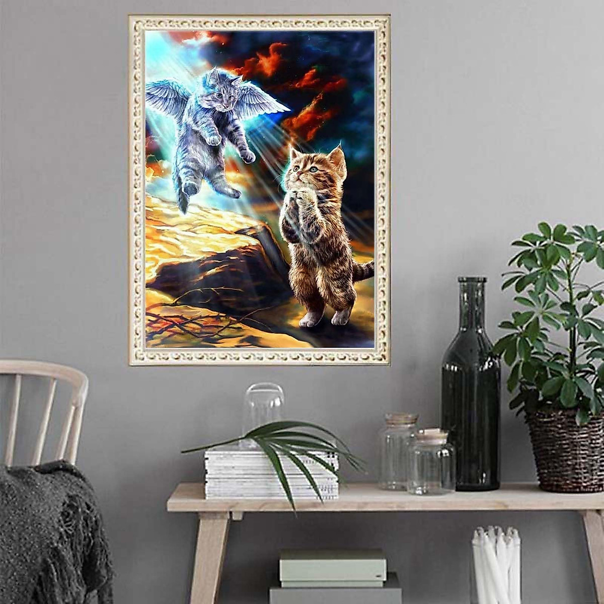 ZHUDENGXJL Diamond Art Kits for Adults Beginner, DIY Angel Cat with Prayed Cat Diamond Art for Adults-5D Full Round Drill Painting Kit with Gem Art Kits Gift for Home Decor 12x16inch