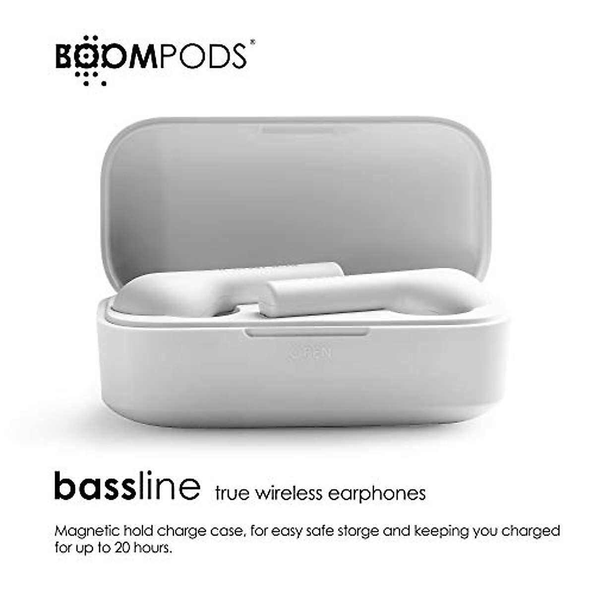BoomPods Bassline True Wireless Earbuds - Bluetooth in-Ear Headphones, Water/Sweat Resistant, Compact Travel Charging Case, Instant Connection, TWS (White)