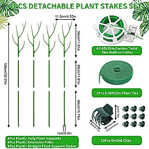 ROADPLUM 4 Pack 39.37" Detachable Twig Plant Support Stakes Set, Blends in to Plant, Branch Plant Sticks with Orchid Clips Twist Plant Ties, Twig Trellis for Indoor Outdoor Plants Potted Plants Flower