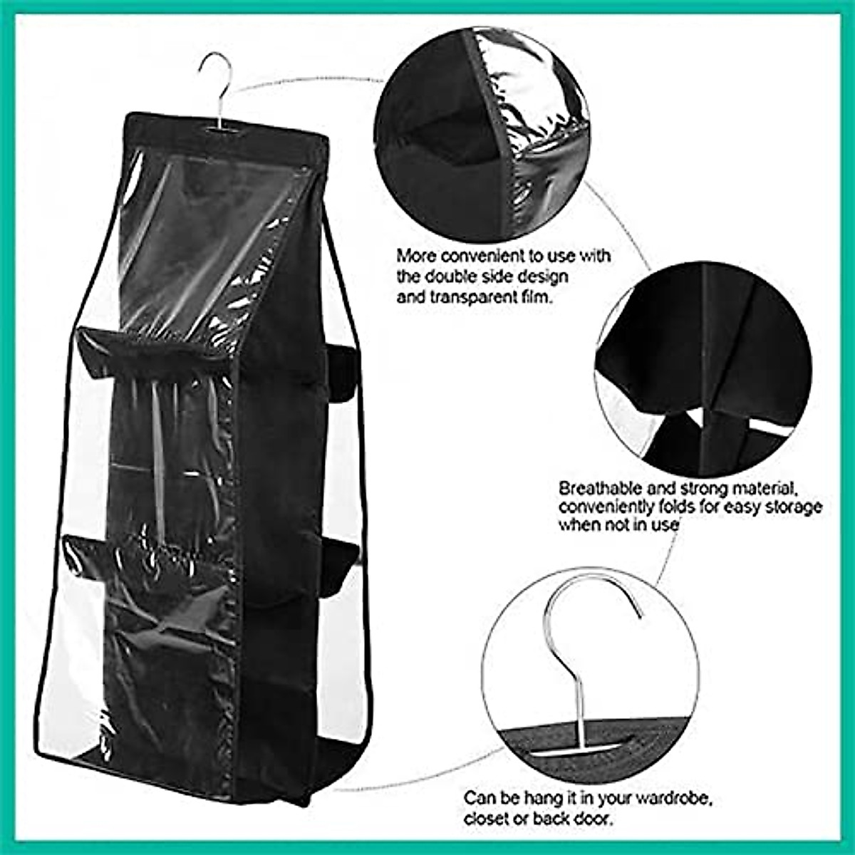3 Layers Storage Bag for 6 Pockets Hanging Purse Handbag Organizer Clear Hanging Shelf Bag, Hanging Wardrobe Closet, Space Saving Organizers, Gift for Family (Black)