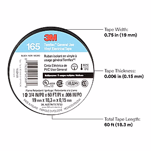 3M Temflex Multi-Purpose Vinyl Electrical Tape 165, Black, 3/4 in x 60 ft (19 mm x 18 m), 10 Roll Pack