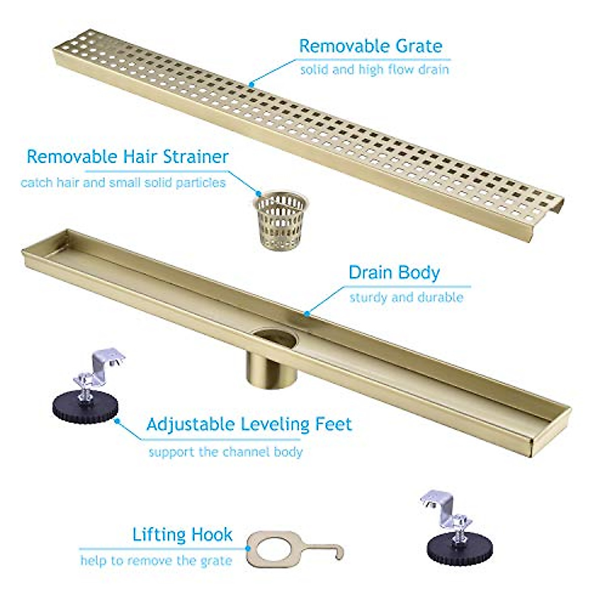 Nicmondo Linear Shower Drain 24 Inch, Bathroom Rectangular Floor Drain with Removable Cover Grid Grate, Adjustable Leveling Feet, Hair Strainer, SUS304 Stainless Steel Trench Drains, Brushed Gold