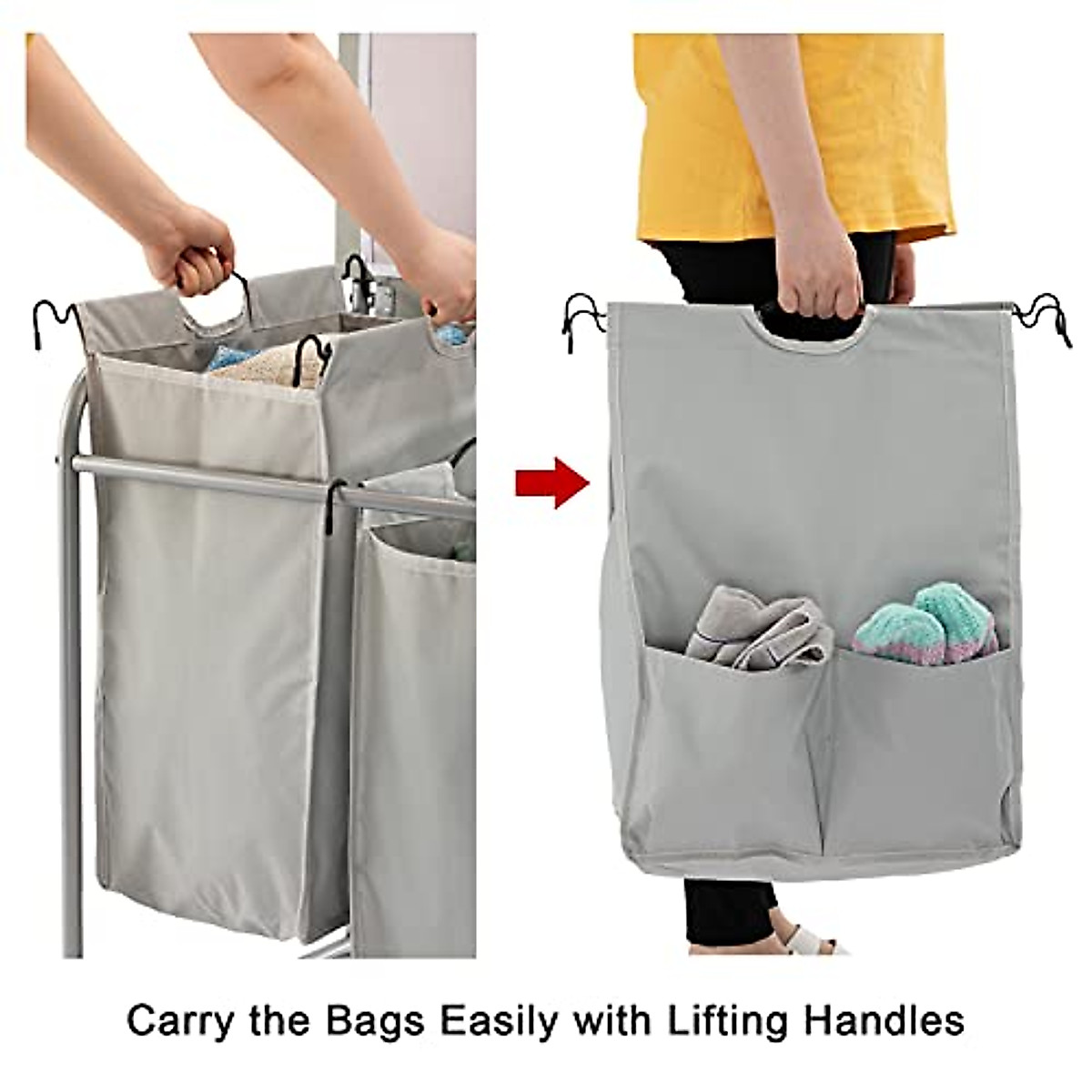 HollyHOME Laundry Basket Sorter with Ironing Board and 4 Wheels,Laundry Hamper with Sturdy Small Bags for Laundry Room Grey