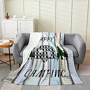 Camper All Season,Bed Blanket Happy Camping Plush Throw Blanket, RV Camping Flannel Fleece Blanket for Bedroom Decor Cartoon Camping Car Farmhouse Trailers Camper 40"x50"