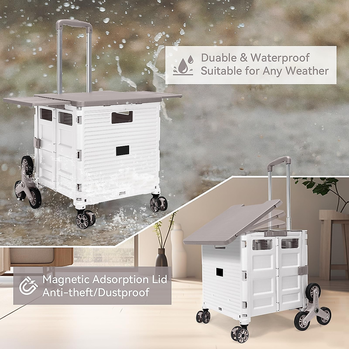 Foldable Utility Cart Portable Crate Rolling Dolly with Telescopic Handle,Can be Pulled diagonally, Magnetic Retractable Lid, 360°Swivel Climbing Wheels for Shopping Carrying Groceries Move White