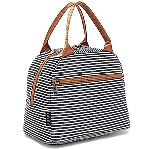 FlowFly Lunch Bag Tote Bag Lunch Organizer Lunch Holder Insulated Lunch Cooler Bag for Women/Men,White&Black Stripe