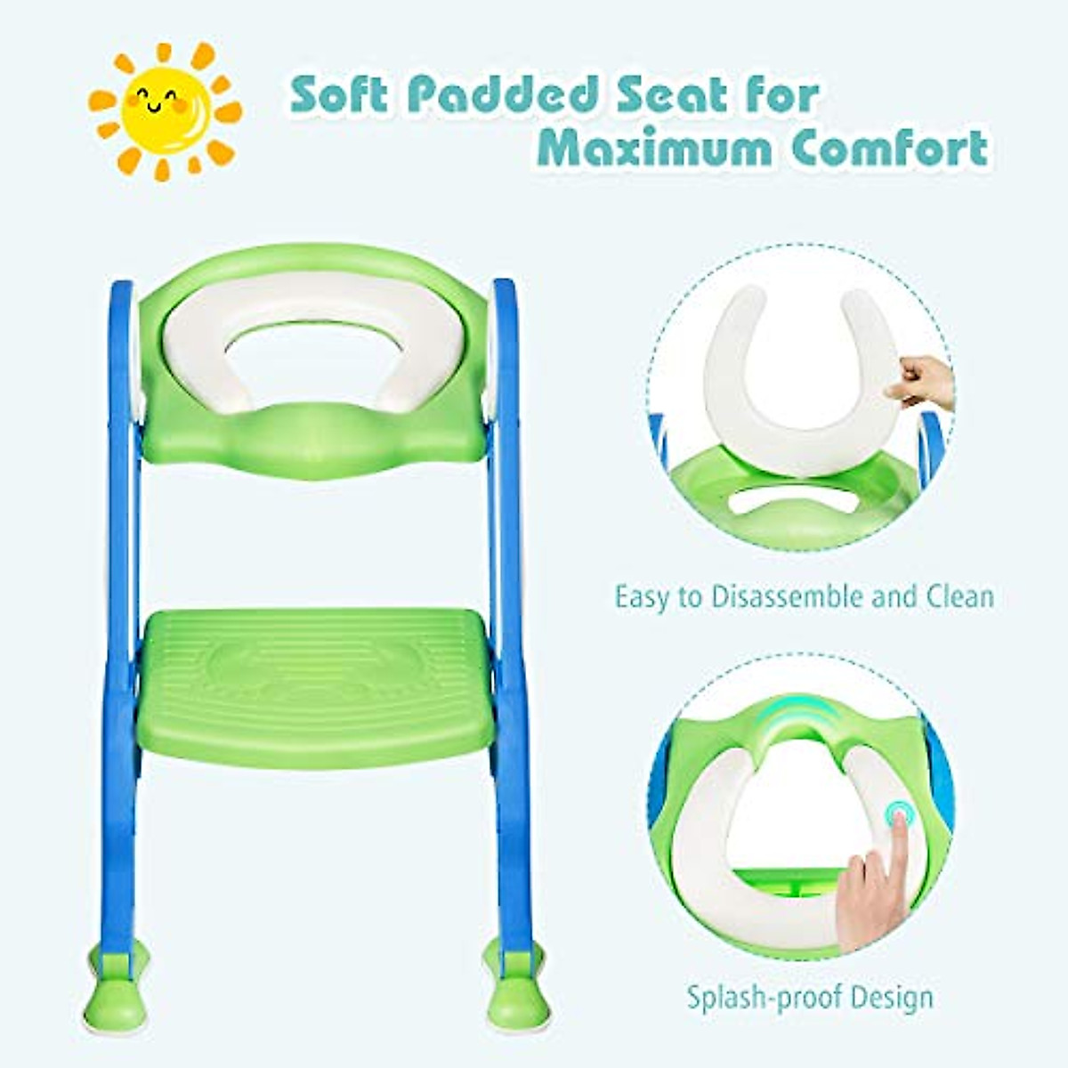 BABY JOY Kids Portable Potty Training Toilet Seat w/Step Stool Ladder, Foldable Adjustable Toddler Toilet Training Seat Chair with Non-Slip Pads and Soft Cushion Seat, for Boys Girls Toddlers (Blue)