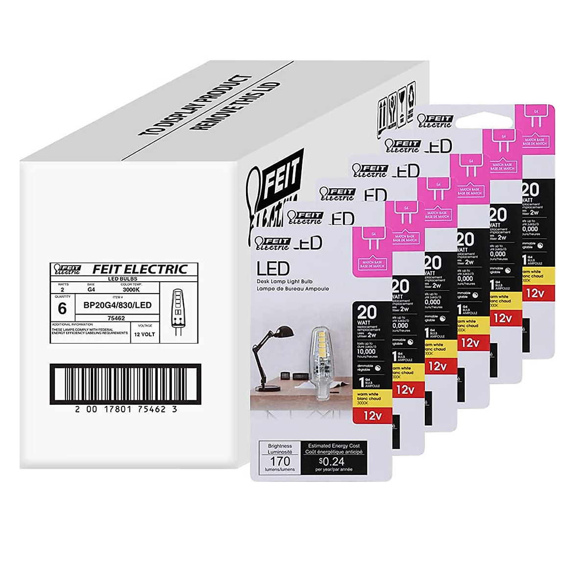 Feit Electric LED Capsule Specialty Light Bulb, 20W Equivalent, Dimmable, G4 Base, 3000K Warm White, 170 Lumens, Desk Lamp Light Bulbs with 10,000-Hour Lifetime, BP20G4/830/LED/6, 6-Pack