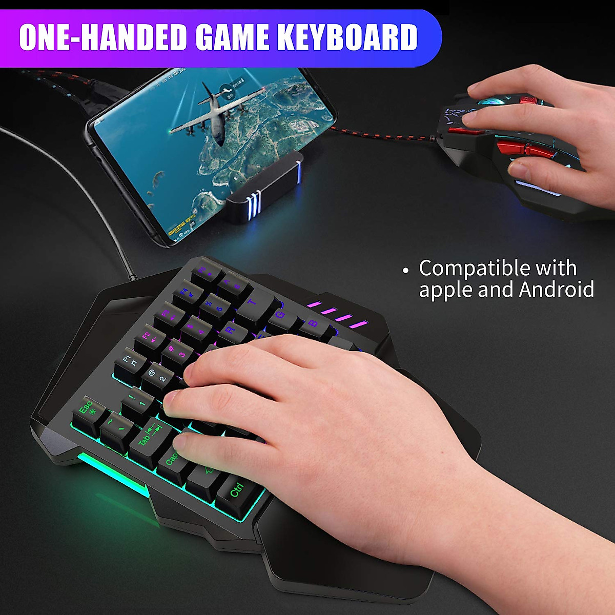 MoModer One Hand Gaming Keyboard and Mouse Combo, 35 Keys Wired Mechanical Feel Rainbow Backlit Gaming Keyboard with Gaming Mouse for PC PS4 Xbox Gamer