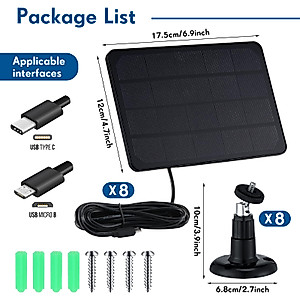 Fabbay Solar Panels for Security Camera Charging Solar Panel for Wireless Camera 360° Adjustable Mounting Solar Panels IP67 Waterproof Compatible with DC 5V 4W Camera USB or USB-C Port (Black, 8 Pack)