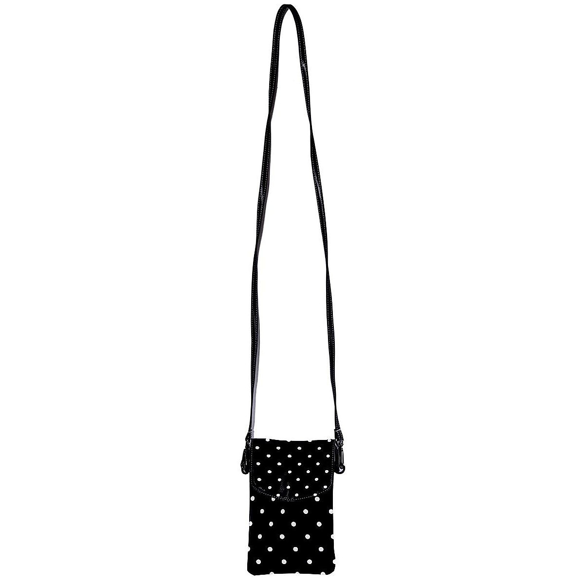 Little White Polka Dots On Black Small Crossbody Bag for Women Girls, Genuine Leather Cell Phone Purse Wallet Bag, Mini Shoulder Bag