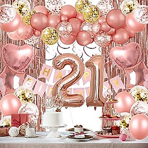 21st Birthday Decorations for Her, Happy Birthday Banner, Rose Gold Fringe Curtain, Heart Star Foil Confetti Balloons, Hanging Swirls for Women Girls 21st Rosegold Birthday Party Supplies