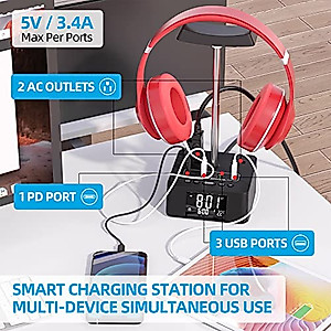 Alarm Clock Lamp with USB Charger Digital Clock with USB C Ports and Outlets Power Strip Charging Station for Home, Hotel, Office (LED Display, On/Off Switch, DST Time)