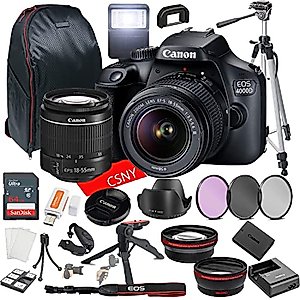 Canon EOS 4000D (Rebel T100) DSLR Camera w/EF-S 18-55mm F/3.5-5.6 Zoom Lens + 64GB Memory + Back Pack Case + Tripod, Lenses, Filters, & More (28pc Bundle)