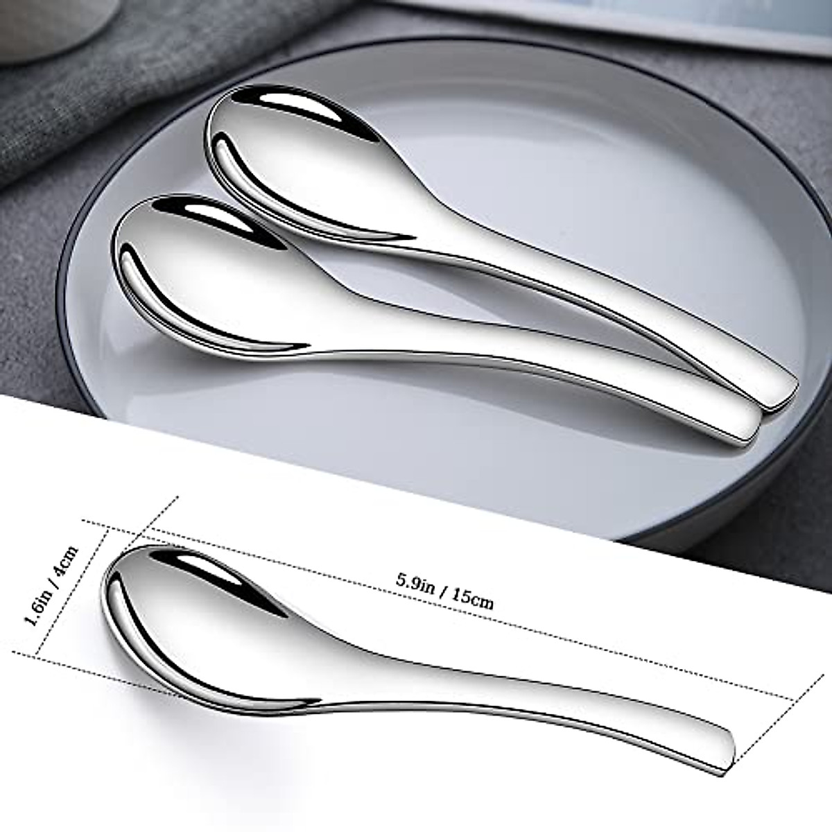 Soup Spoons, AOOSY 6 Pieces Stainless Steel Korean Spoons, Asian Soup Spoons, 6.3 inches Heavy Duty Asian Thick Short Handle Ramen Spoons for Soup Cereals, Chinese Spoon