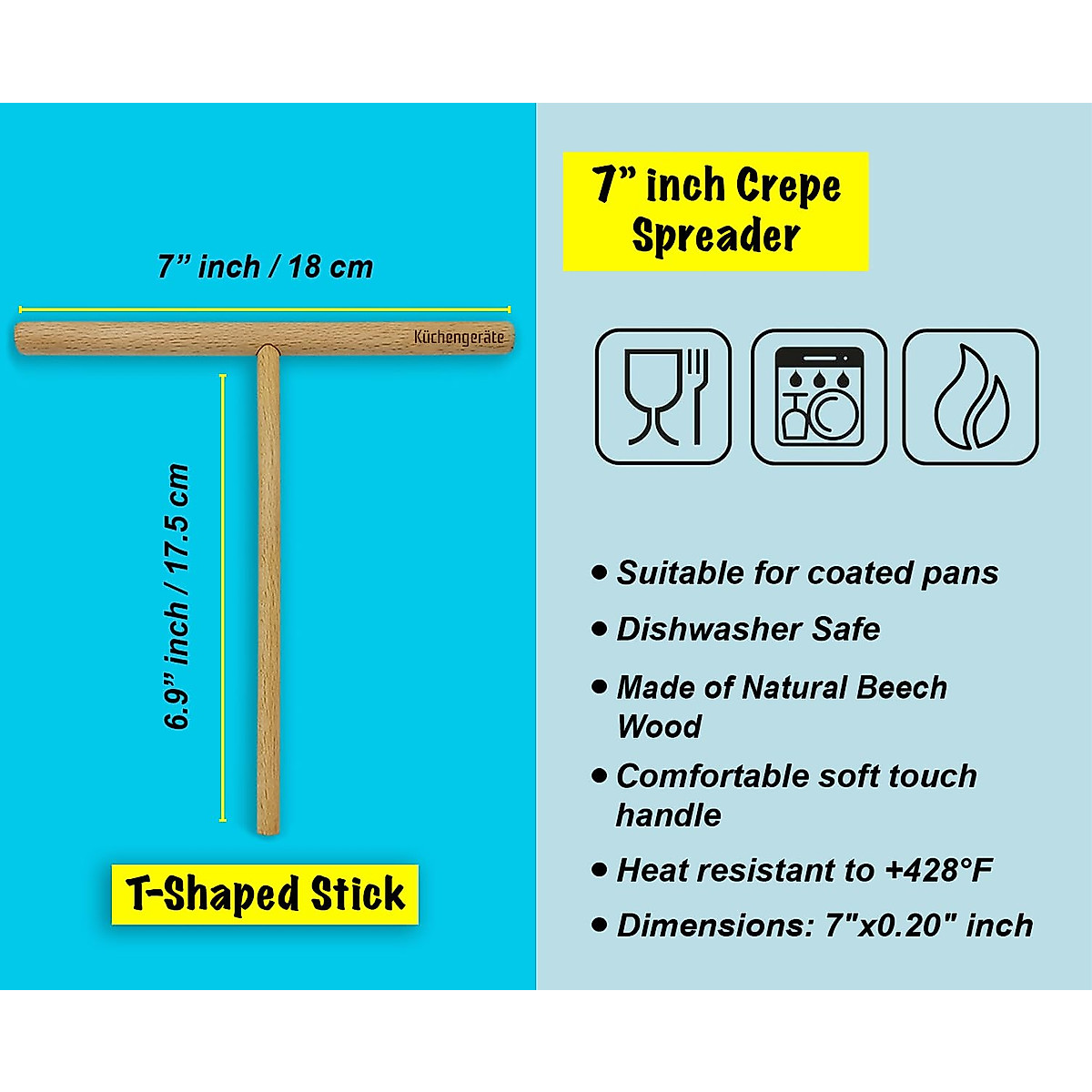 Kuchengerate Set of 2 7" inc Crepe Spreader Stick & 12" inc Spatula Turner - T Shaped Structure - Handmade Natural Beech Wood - No Paint No Polish - Kitchen Decoratives - Best Gift Set Idea