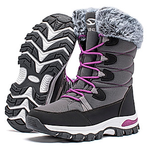 HOBIBEAR Boys Girls Winter Snow Boots Waterproof Insulated Faux Fur Lined Mid-Calf Booties (Grey/New,4 Big Kid)