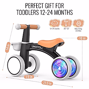 Umatoll Colorful Lighting Baby Balance Bike Toys for 1 Year Old Boys Gifts, Adjustable Seat Baby Walker, One Year Old Boy Birthday Gifts, 12-24 Months Toddler First Ride on Toys with Removable Basket