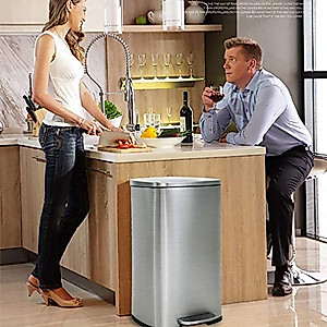 50 Liter/13.2 Gallon Kitchen Bathroom Step Trash Can, Stainless Steel Slim Garage Bin, Soft-Close Wastebasket with Lid for Powder Room, Bedroom, Craft Room, Office - Removable Liner Bucket- Silver