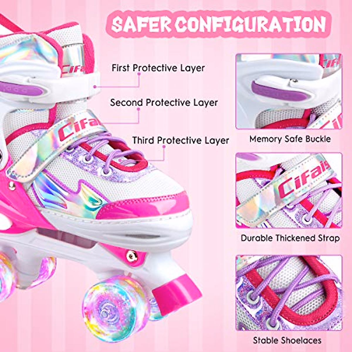 Roller Skates for Girls Boys Kids, Black Pink Purple 4 Sizes Adjustable Kids Roller Skates with Light up Wheels and Shining Upper Design, Roller Skates for Toddler Kids Ages 4-13