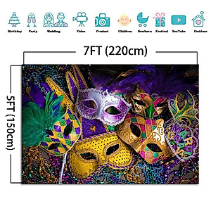 Masquerade Backdrops Purple Gold Glitter Beads Mask Carnival Photography Backdrop Fiesta Mardi Gras Dance Photo Background Birthday Party Photo Booths Props Decorations Supplies Vinyl 7x5ft