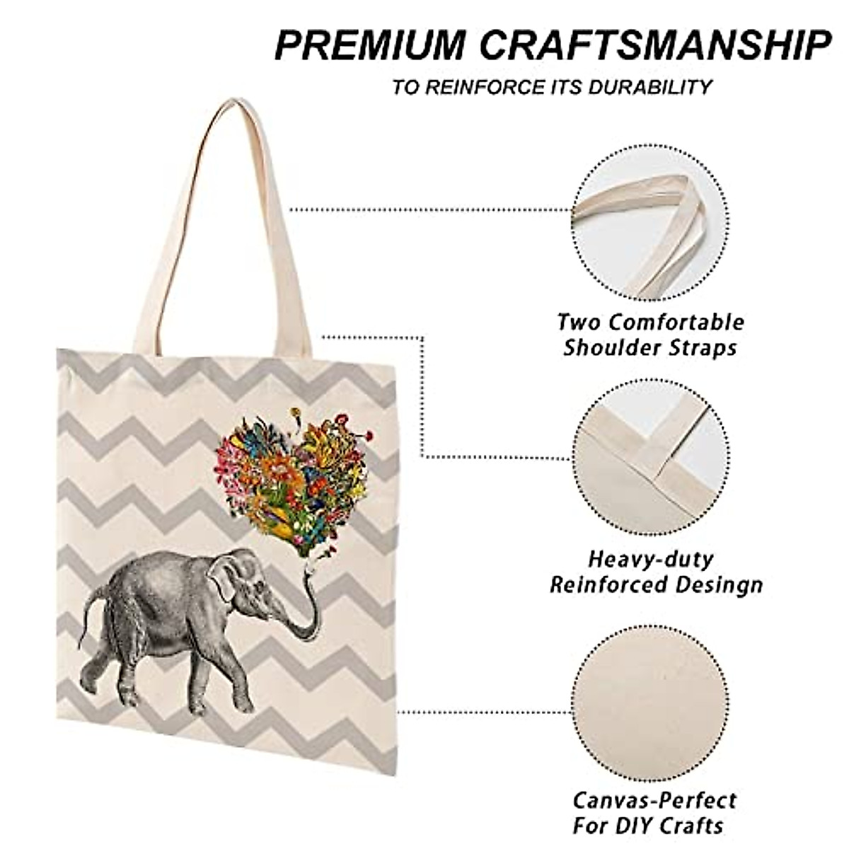 Canvas Shoulder Bag,Light Grey Geometric Ripples Elephant and Heart Flower Tote Bag for Books,Birthday Inspirational Gifts
