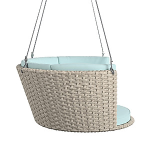 Novogratz Poolside Gossip Collection, Sally Patio Swing, Aqua Haze Cushions, Light Taupe Wicker