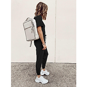 PRETTYGARDEN Women's Two Piece Outfit Short Sleeve Pullover with Drawstring Long Pants Tracksuit Jogger Set (A-black,Large)