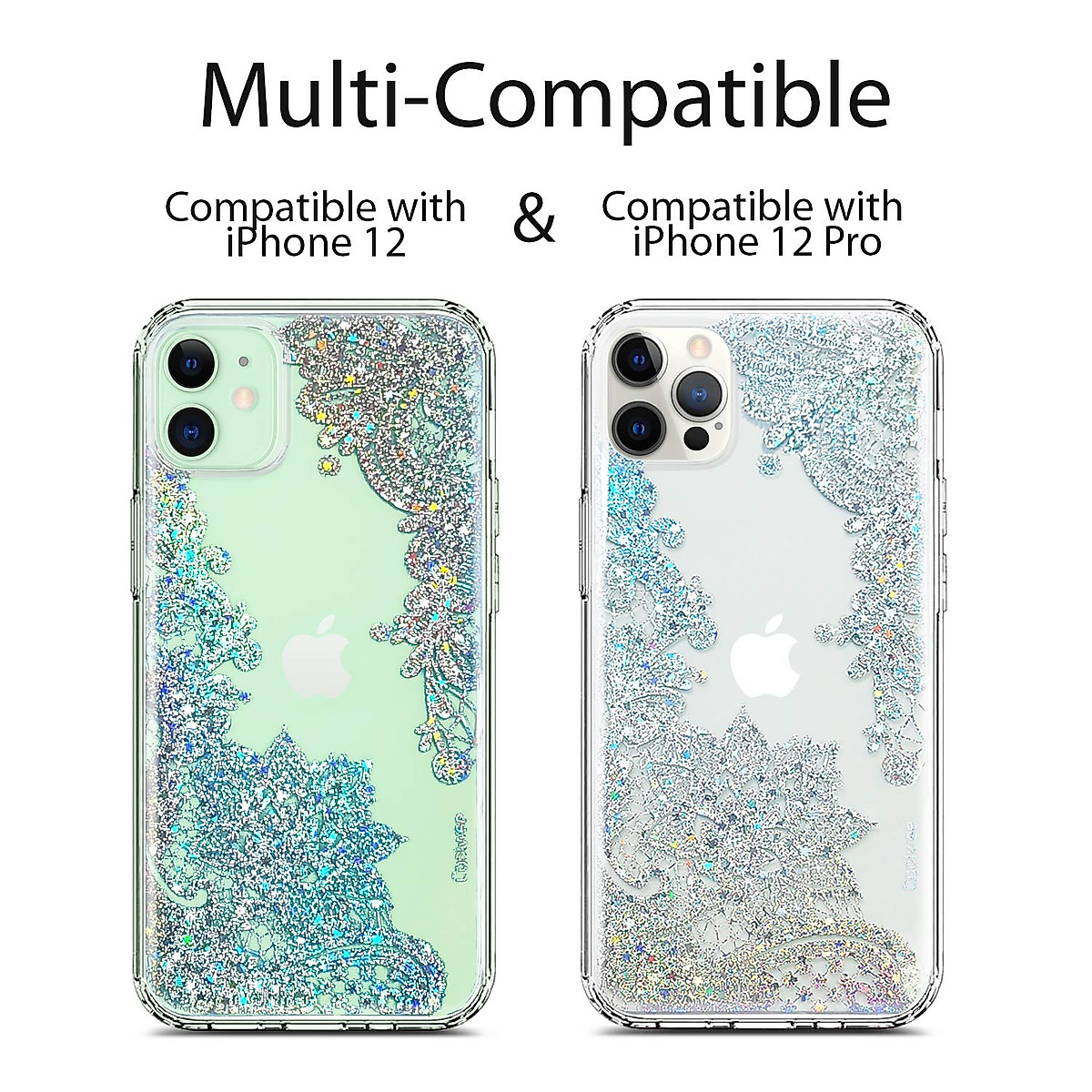 Coolwee Clear Glitter Compatible with iPhone 12 Case Thin Flower Slim Cute Crystal Lace Bling Women Girl Floral Hard Back Soft TPU Bumper Protective Cover for iPhone 12 Pro Mandala Henna Sparkle