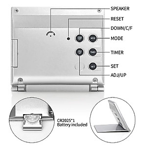 Betus Digital Travel Alarm Clock - Foldable Calendar Temperature Timer LCD Clock with Snooze Mode - Large Number Display, Battery Operated - Compact Desk Clock for All Ages (Silver, No Backlight)