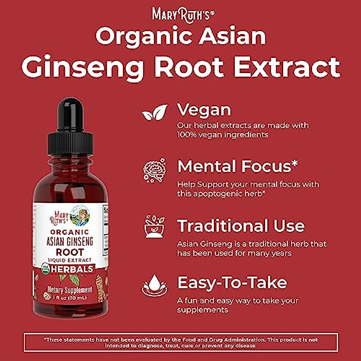 MaryRuth Organics Herbal Supplement Drop, Antioxidant, Boost Energy, Pack of 1, Ginseng Root for Vitality, Supports Focus and Endurance, Vegan, Non-GMO, Gluten Free, 1 Fluid Ounces