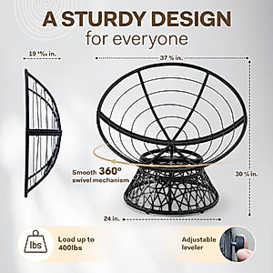 Bme Ergonomic Wicker Papasan Chair with Soft Thick Density Fabric Cushion, High Capacity Steel Frame, 360 Degree Swivel for Living, Bedroom, Reading Room, Lounge, Sepia Sand - Black Base