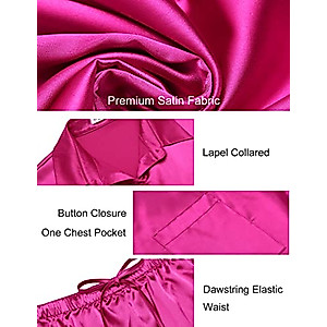 Ekouaer Silk Pajamas for Women Soft Button Up Pjs Plus Size Summer Shorts Set Short Sleeve Satin Casual Wear Rose,XL