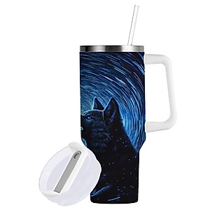 Slewiaeky Tumbler with Handle 40 oz Goth Skull Classic Wolf Travel Mug with Lid and Straw Stainless Steel Vacuum Insulated Water Bottle Cup for Iced Tea Coffee Cold Beverages Cup Holder Friendly