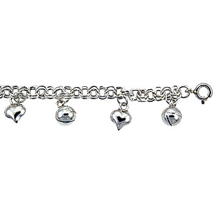 Sterling Silver Dangling Hearts and Jingle Bells Charm Charm Bracelet for Women 13mm drops fits 7-8 inch wrists