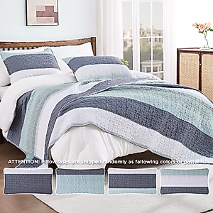 Andency Stripe Quilt Set Twin(68x86Inch), 2 Pieces (1 Striped Quilt and 1 Pillowcase) Mint Green Patchwork Striped Bedspread Coverlet Set, Soft Microfiber Stitched Quilt Bedding Set