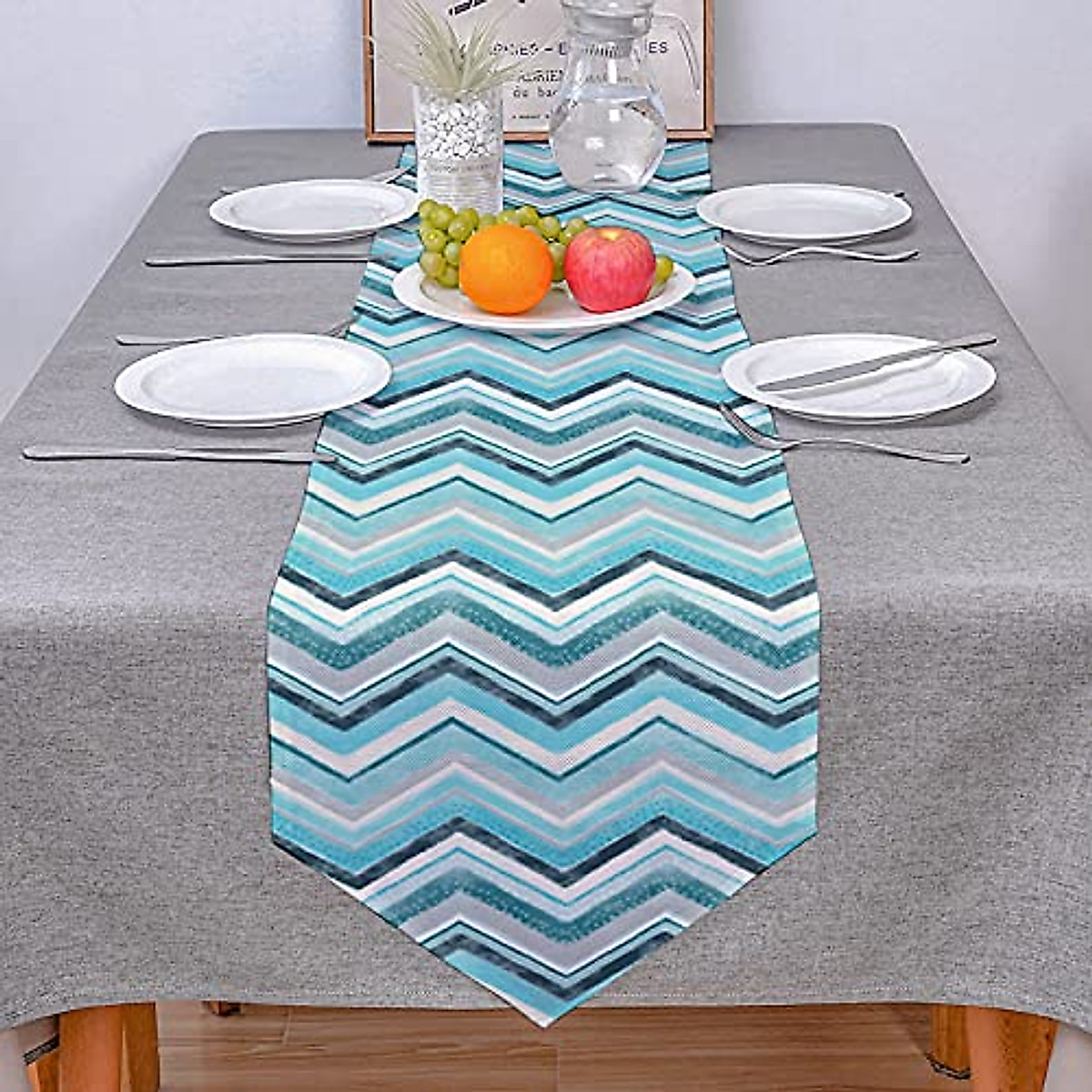 Big buy store Table Runner Zig Zag Chevron Wave Stripe Cotton Line Table Covers for Dinner Kitchen Wedding Indoor and Outdoor Parties Turquoise Nordic Style Table Setting Decor -13 x 72 inch