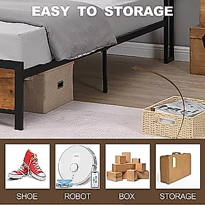 Modern Industrial Queen Bed Frame with LED Lights and 2 USB Ports, Metal Platform Bed Frame Queen Size with Storage, Noise Free, No Box Spring Needed, Strong Steel Slats Support, Rustic Brown (Queen)