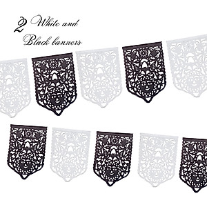 Black White Papel Picado Banners, Elegant Fiesta Decorations for Birthdays, Weddings, Bridal Showers, engagements, Paper Garland, Streamers, Bunting 2 Pack | Tissue Paper Flags
