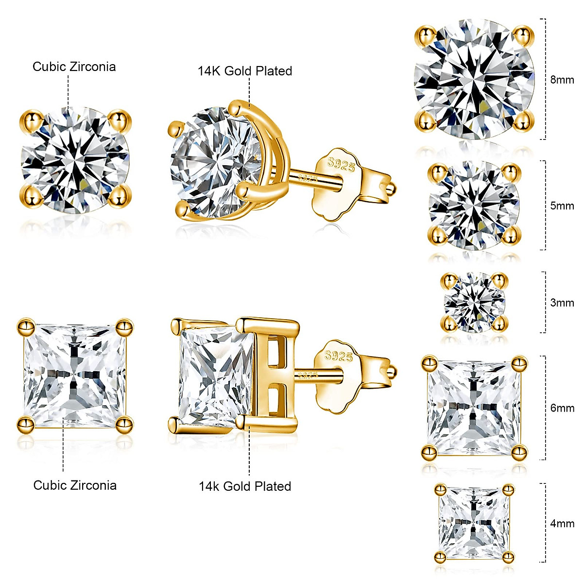 925 Sterling Silver 14k Gold Stud Earrings Set Hypoallergenic Round/Square Princess Cut Clear Cubic Zirconia Stud Earrings for Women Men 3/4/5/6/8 MM