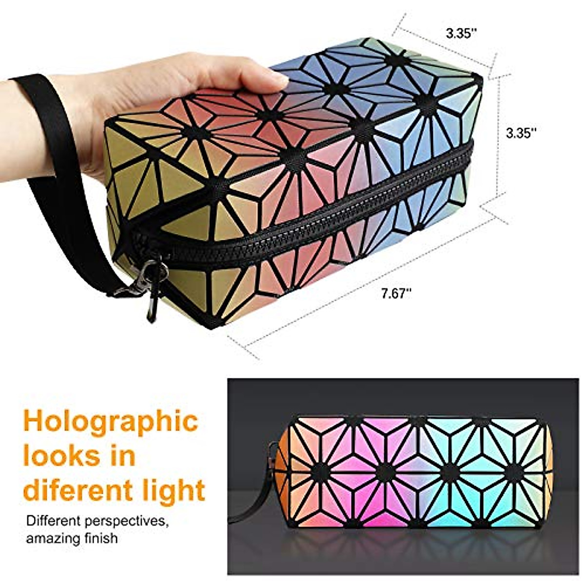 Luminous Pencil Bag Large Capacity Portable Pencil Pouch Geometric Pen Bag Pencil Case Zipper Stationery Bag with Wrist Strap