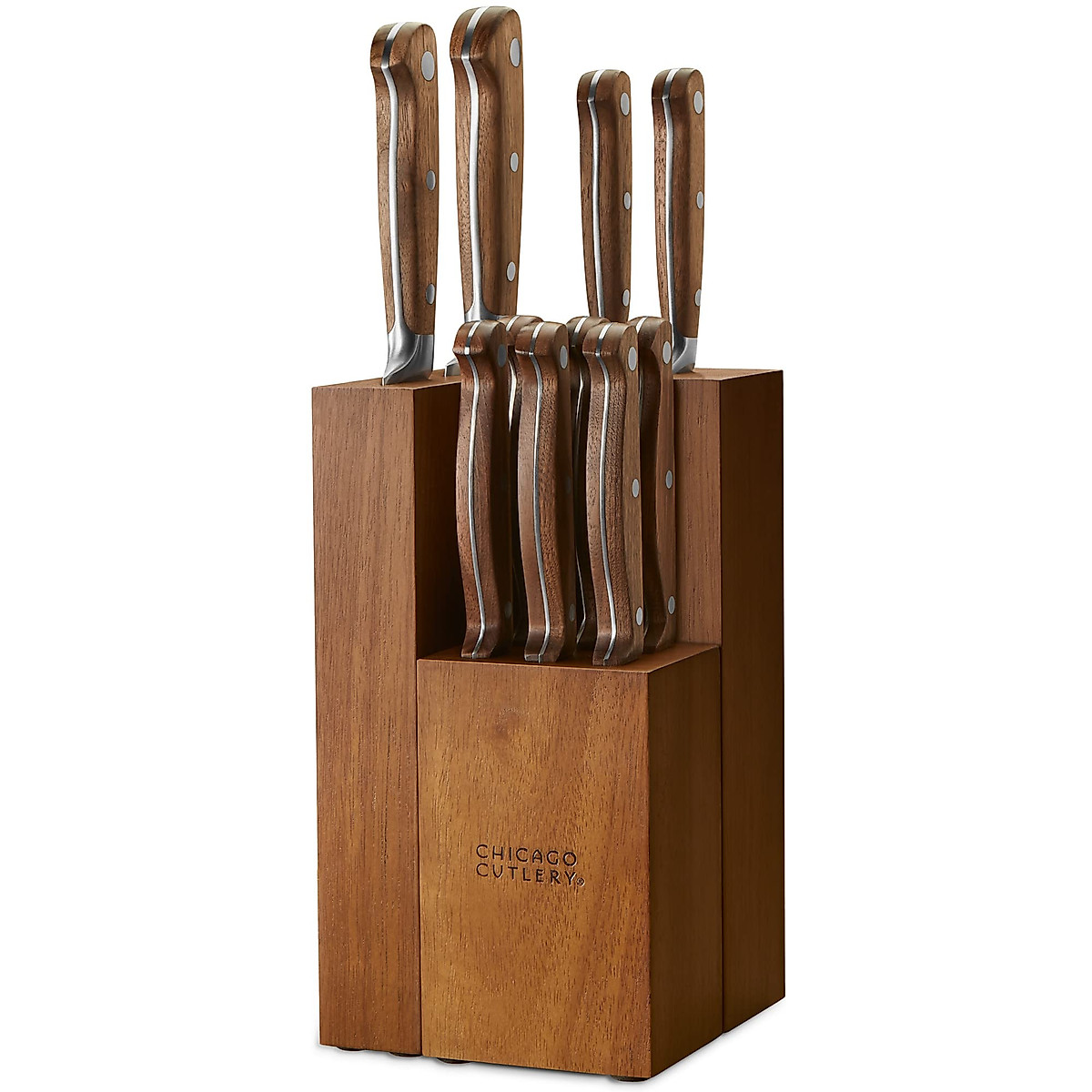 Chicago Cutlery Racine 12-Pc Kitchen Knife Wood Block Set, Stainless Steel Knives, Serrated, Chef, Utility, and Paring Knife, Removable Steak Knife Block, Walnut Handle