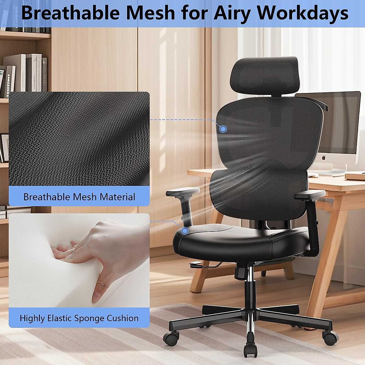 Office Chair, Ergonomic Desk Chair, High Back Desk Chair, Big and Tall Reclining Comfy Home Office Chair with Lumbar Support Breathable Mesh Computer Chair Adjustable Armrests