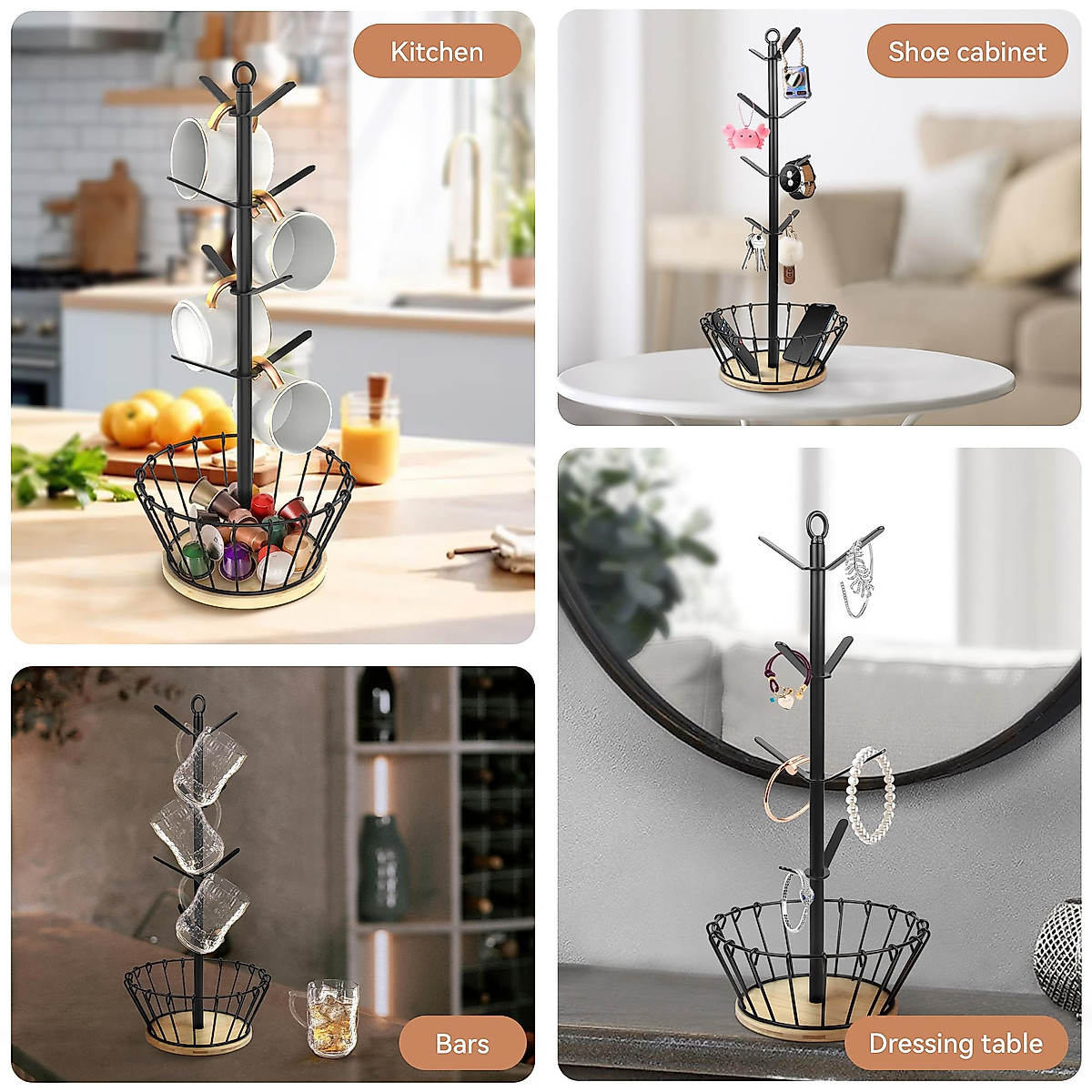 simesove Drying Storage Rack Holder Home Storage Mug Hooks Multipurpose Display Stand Metal Tree Shape Mug Coffee Cups Stand with 8 Hooks-Bamboo Base with Coffee Basket