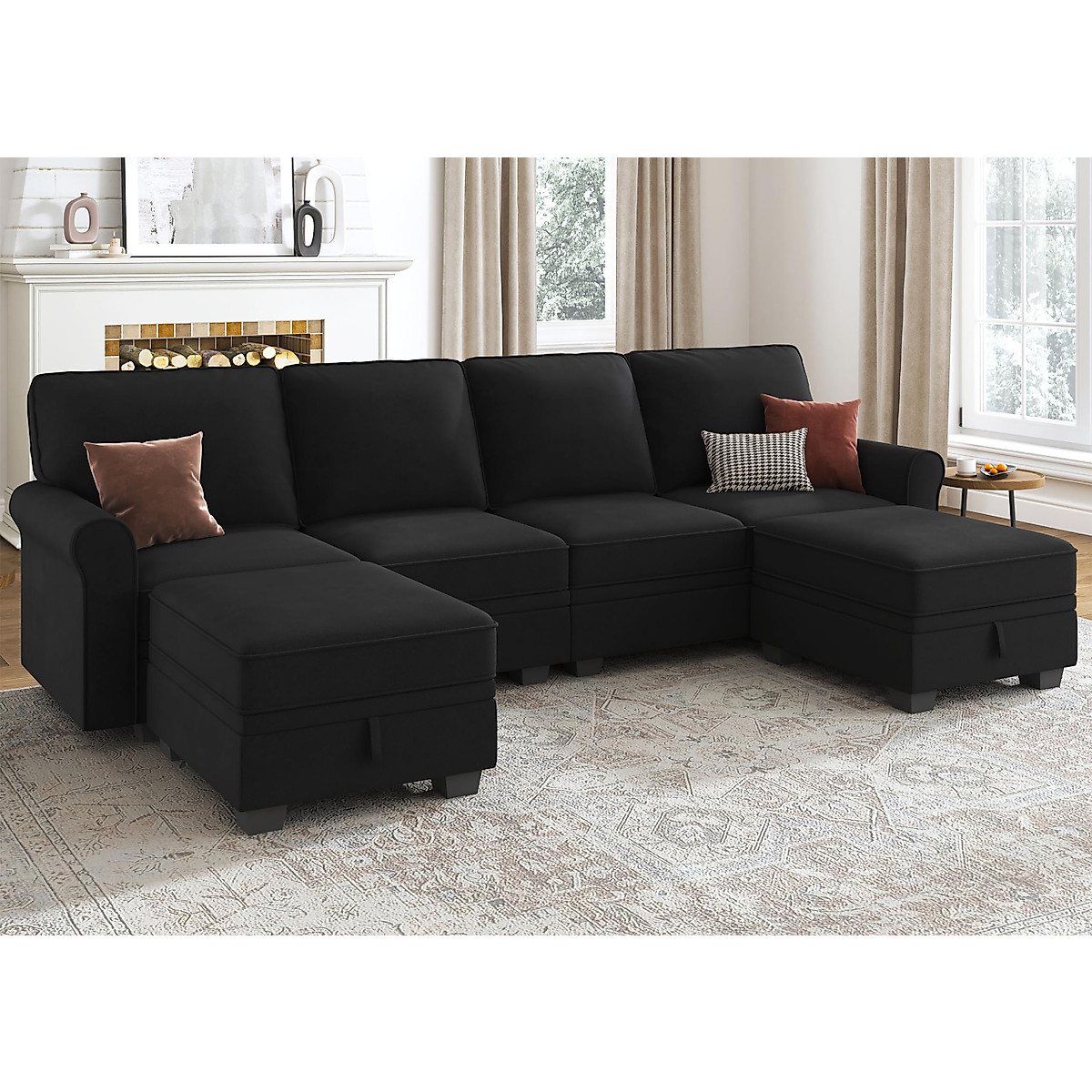 HONBAY Sectional Sofa with Storage Seat Velvet U Shaped Sectional Couch with Reversible Chaise Convertible Sectional Couches for Living Room,Black