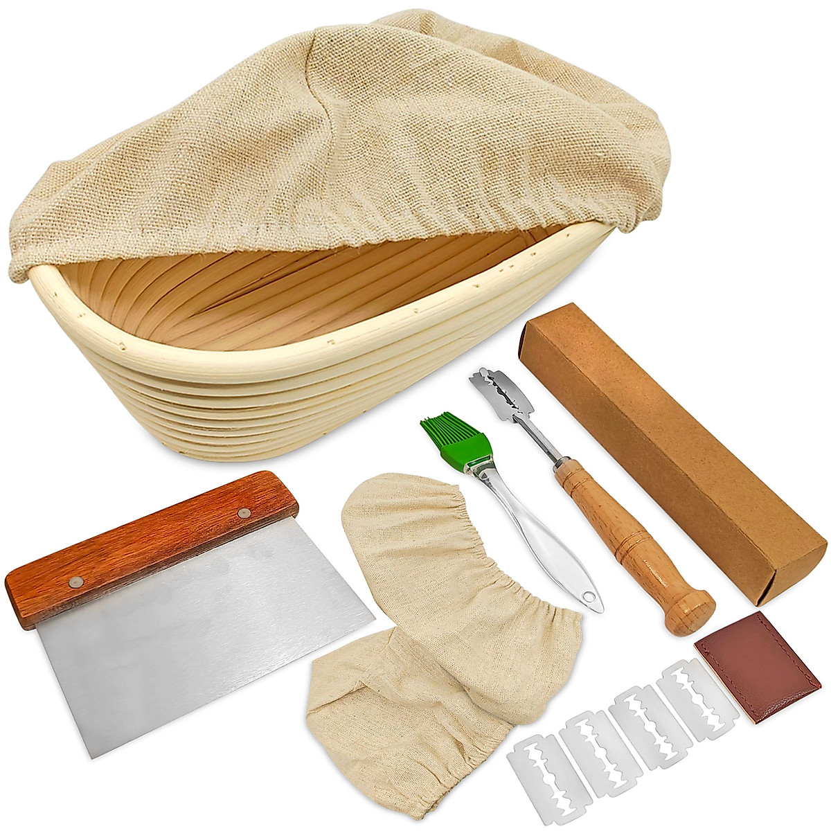 LITHOS Store 10 Inch Oval Natural Rattan Banneton Bread Proofing Basket Set with Bread Lame & Slashing Scraper - Natural Rattan Bread Proofing Basket, Ensures Crispy Crust & Fluffy Interior